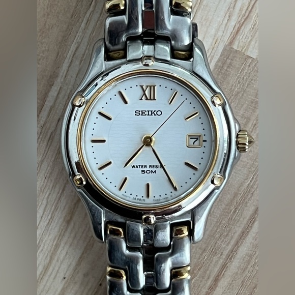 Seiko | Accessories | Seiko Ladies Watch 5 Bar Two Tone Bracelet White Dial Date Window | Poshmark